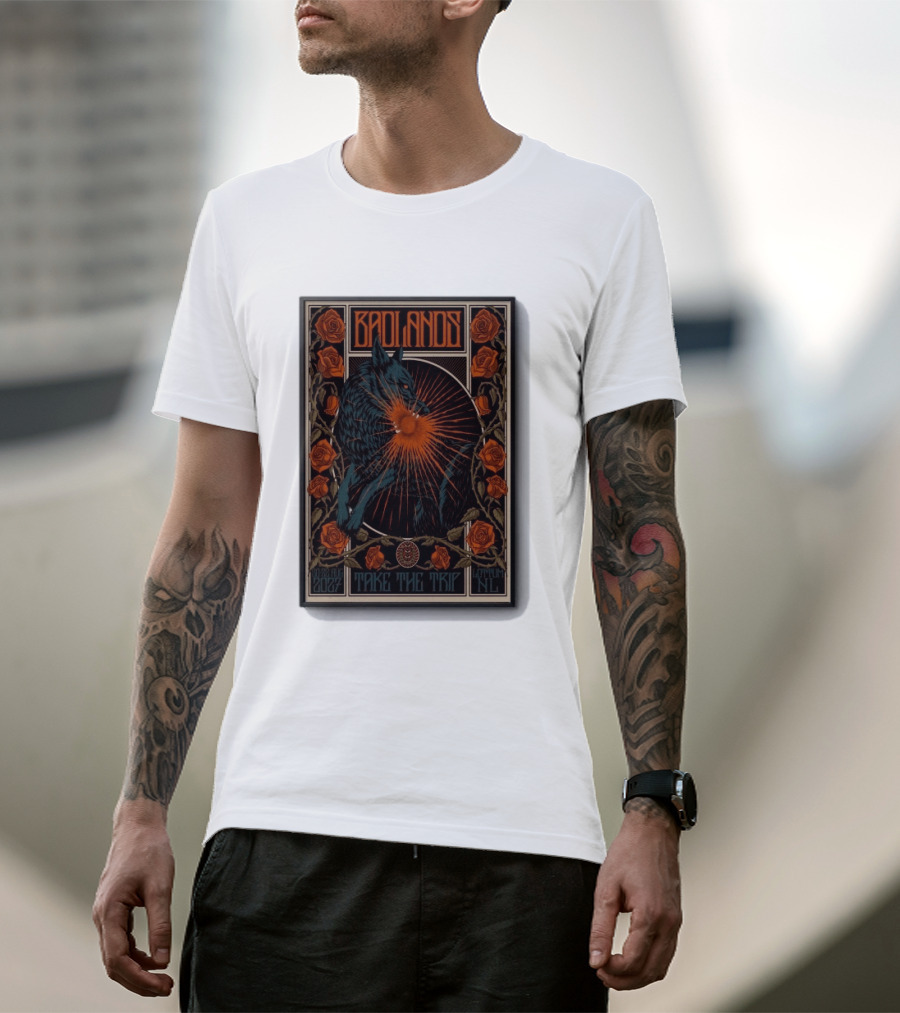 BADLANDS Festival Aug 20 22 2027 Take The Trip Stokterweg 14 Lottum Netherlands Retro Wolf And Roses T-Shirt
