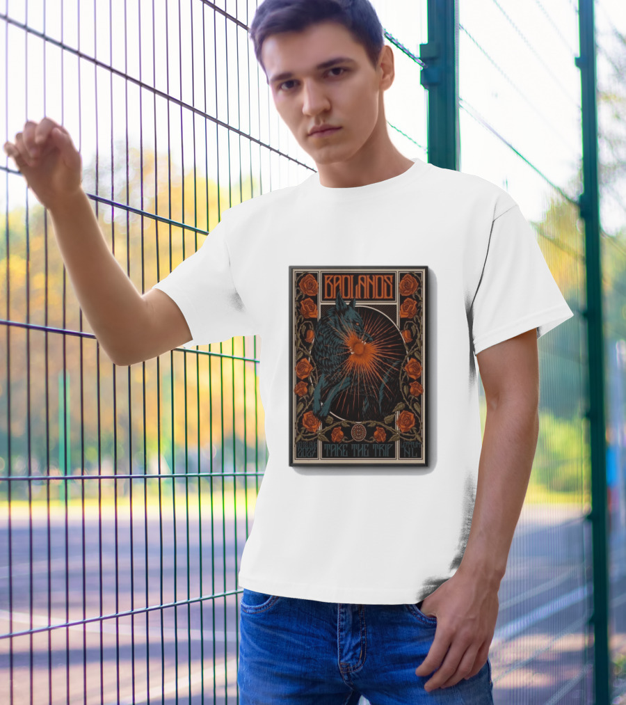 BADLANDS Festival Aug 20 22 2027 Take The Trip Stokterweg 14 Lottum Netherlands Retro Wolf And Roses T-Shirt