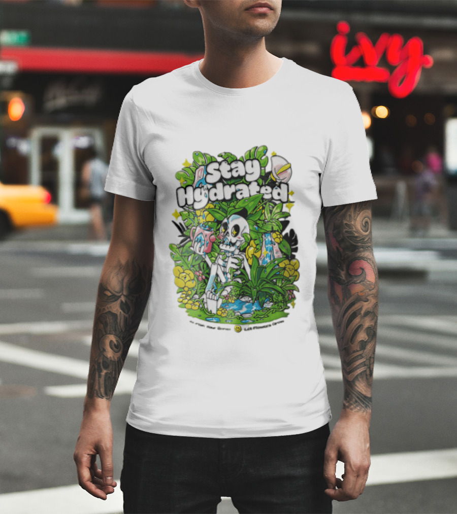 Stay Hydrated Quirky Skeleton Watering Lush Greenery And Flowers T-Shirt