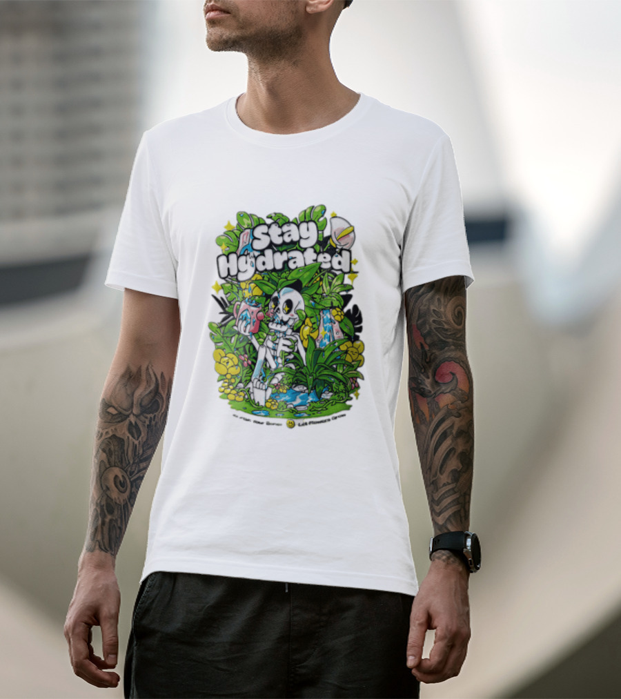 Stay Hydrated Quirky Skeleton Watering Lush Greenery And Flowers T-Shirt