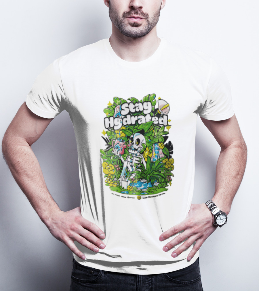 Stay Hydrated Quirky Skeleton Watering Lush Greenery And Flowers T-Shirt