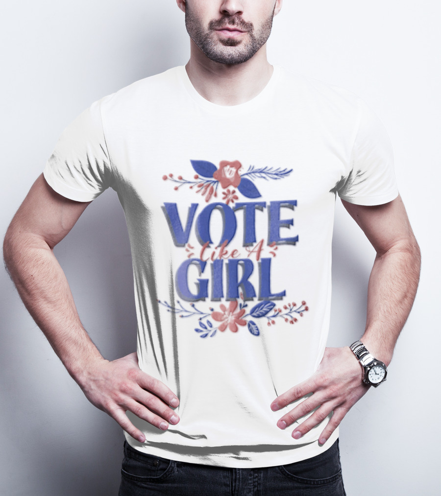 Vote Like A Girl Blue Red Pink Floral Accents T-Shirt