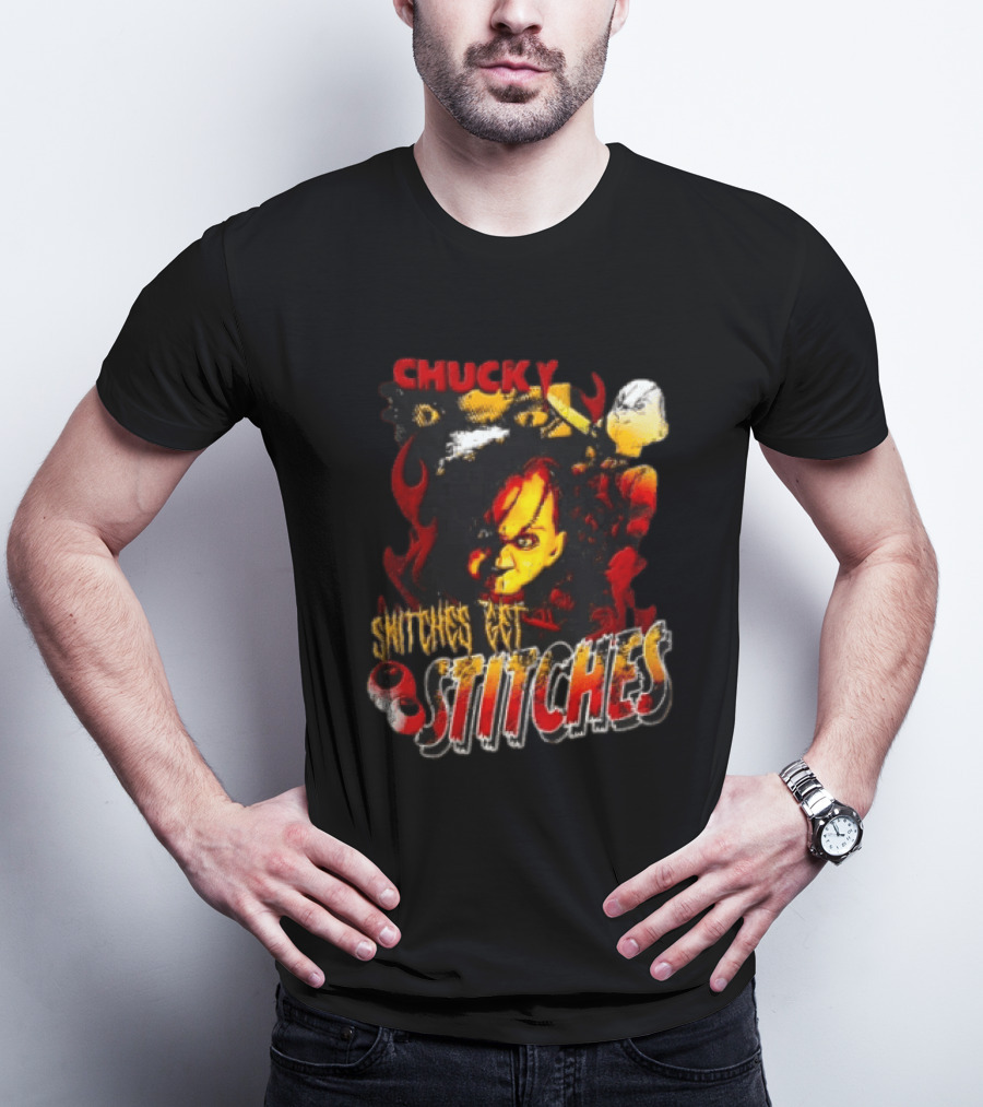 Chucky Snitches Get Stitches Horror Doll With Knife And Eyeballs T-Shirt