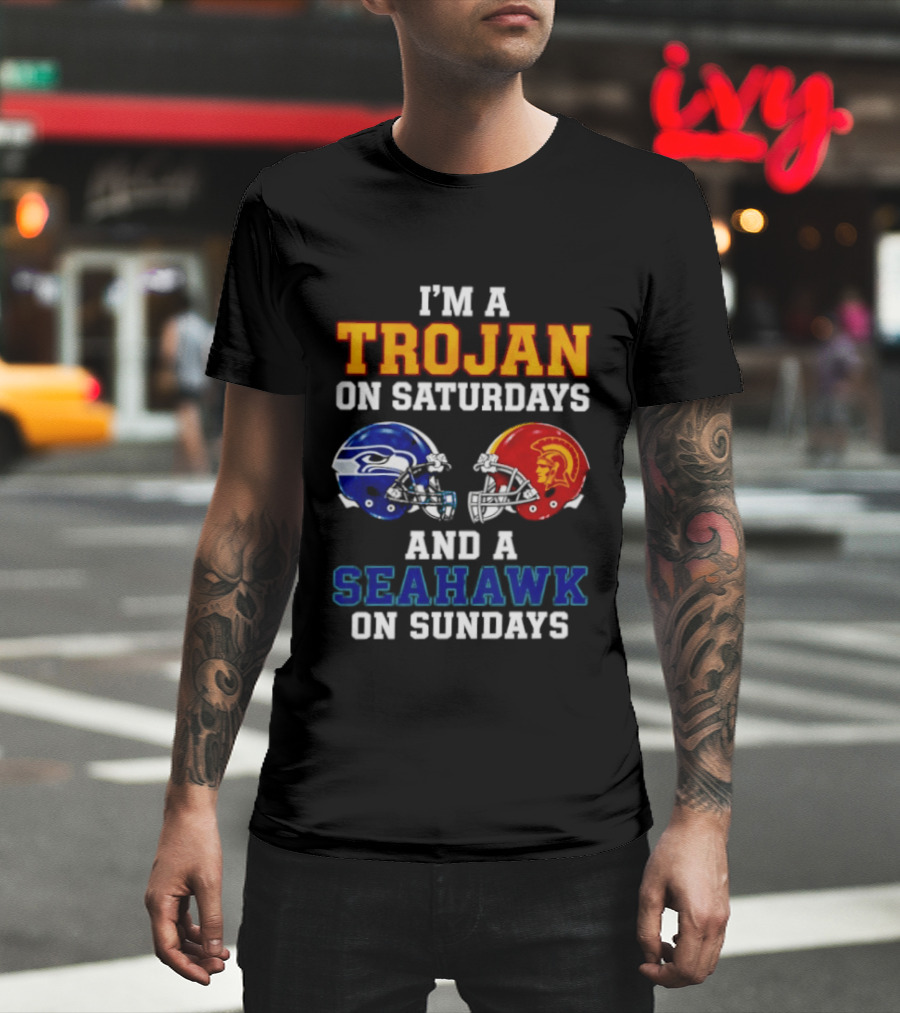 I'm A Trojan On Saturdays And A Seahawk On Sundays Football Helmets T-Shirt
