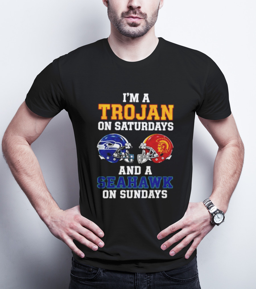 I'm A Trojan On Saturdays And A Seahawk On Sundays Football Helmets T-Shirt