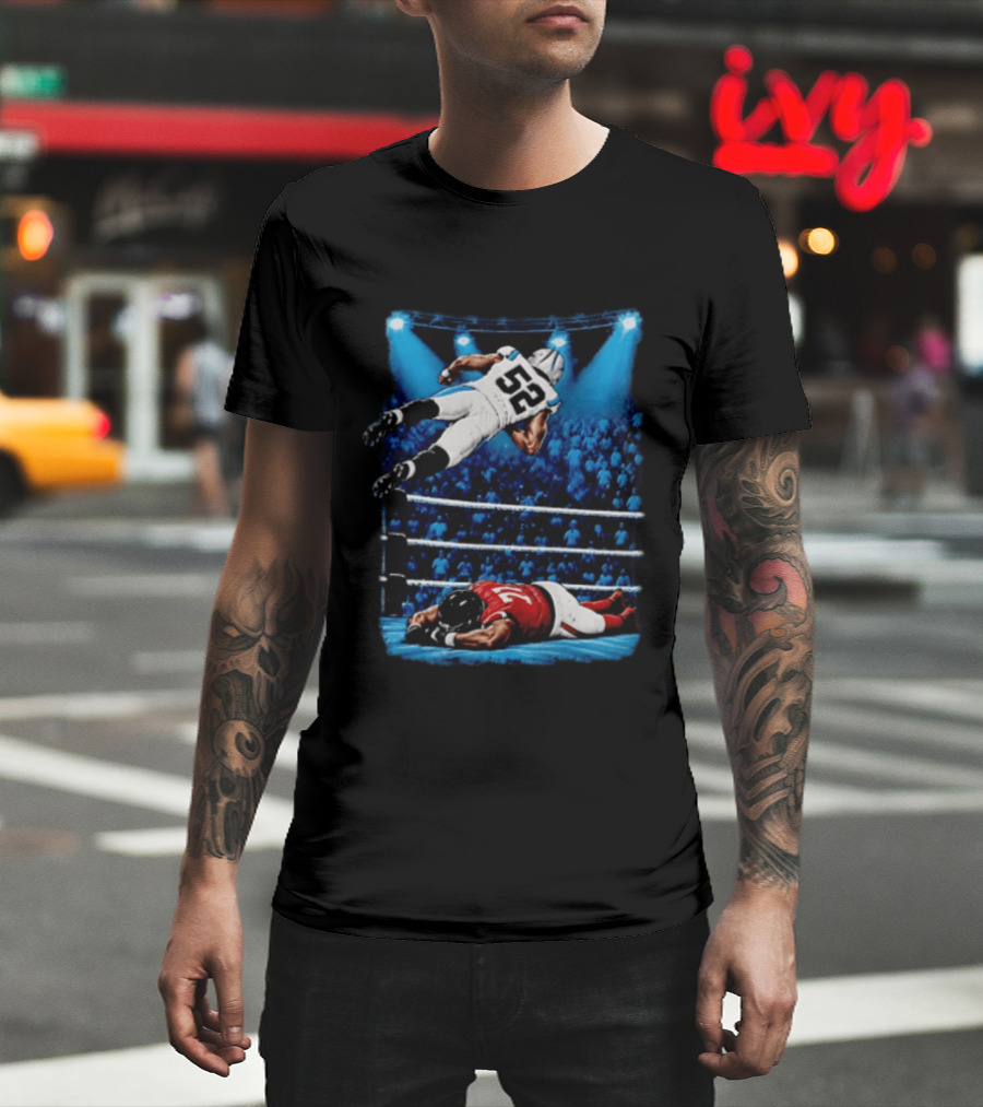 Football Player 52 Jumping Over Opponent In Wrestling Ring Spotlight Crowd T-Shirt