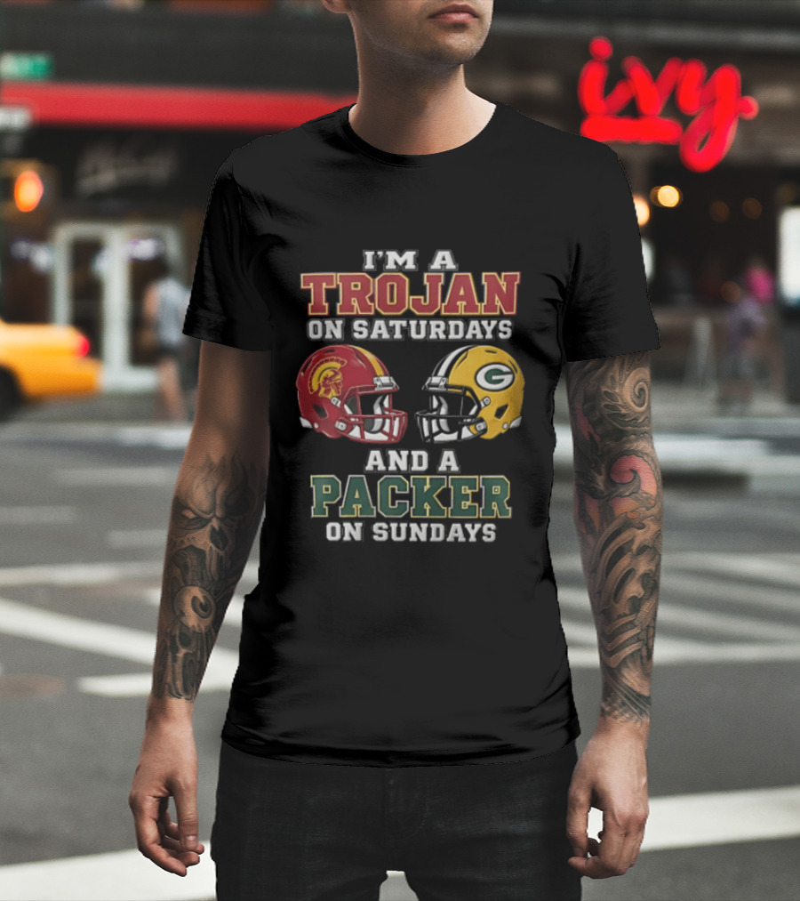 I'm A Trojan On Saturdays Packer On Sundays Football Helmets T-Shirt
