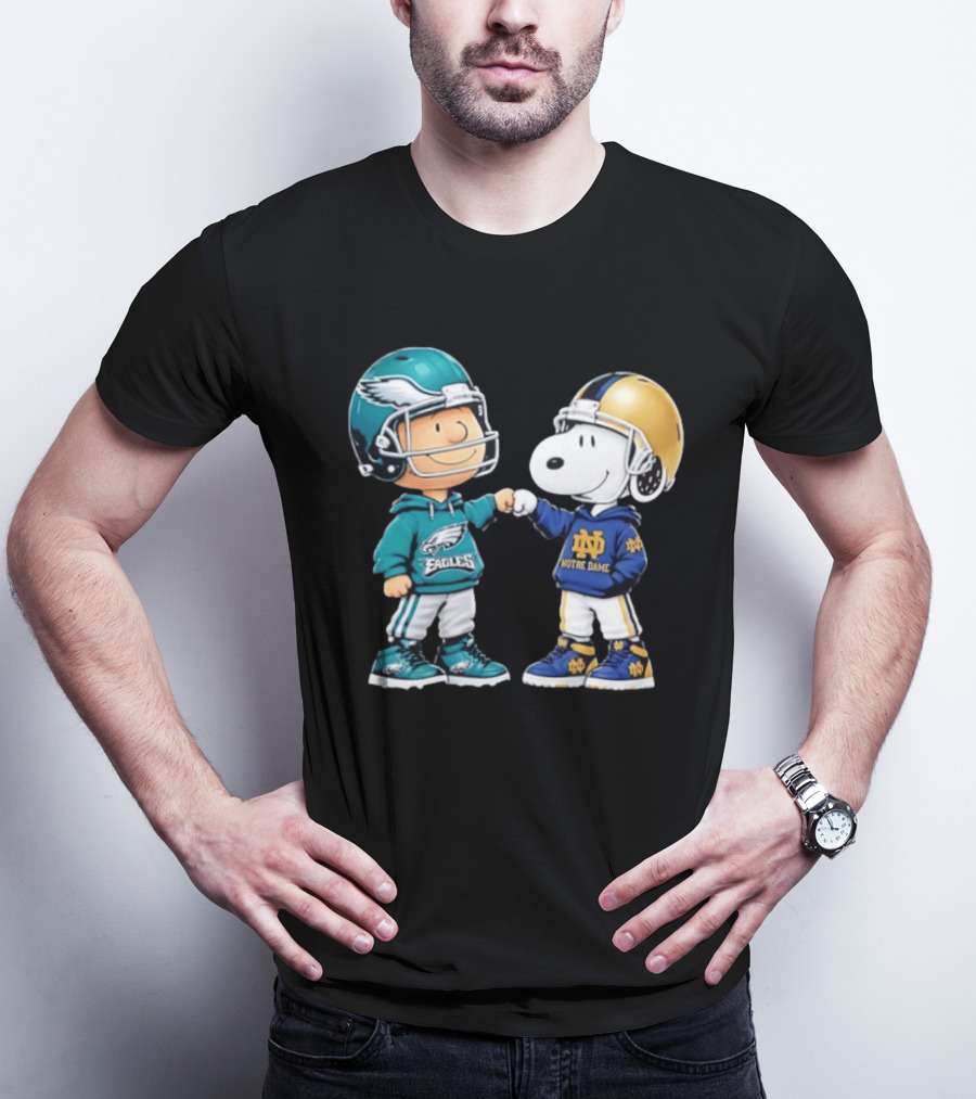 Peanuts Characters In Philadelphia Eagles Vs Notre Dame Fighting Irish Helmets T-Shirt