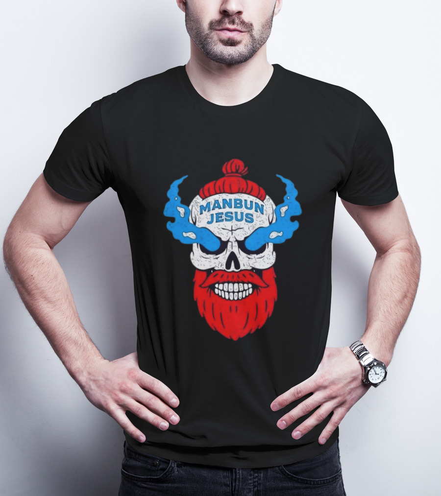 Manbun Jesus Skull Blue Flames Red Beard T-Shirt