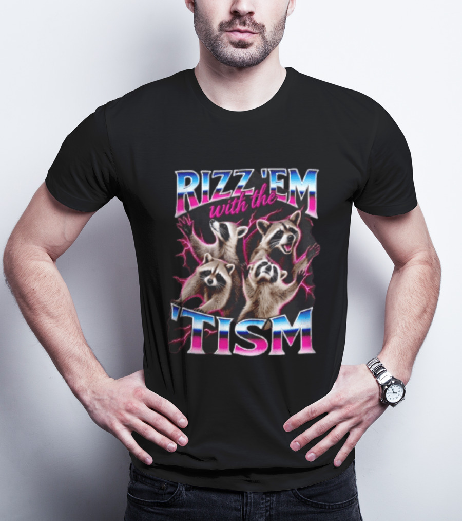 Rizz Them With The Tism Four Raccoons Reaching Pink Lightning T-Shirt