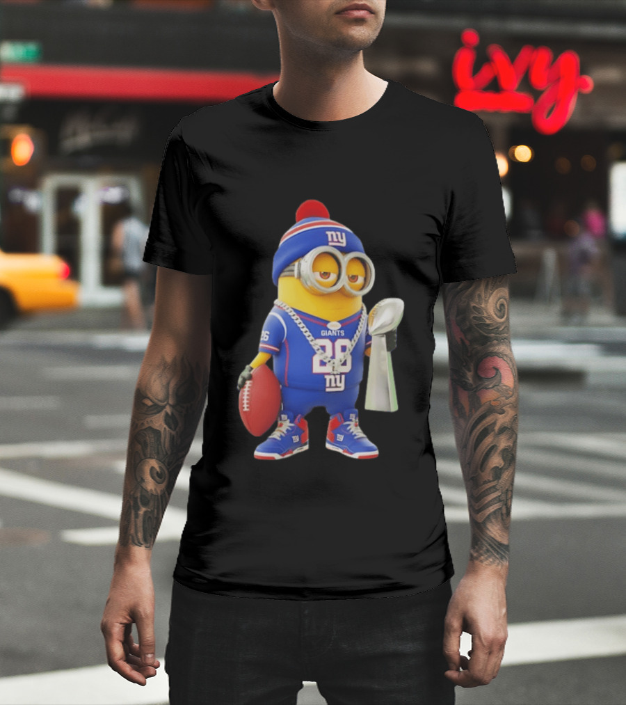 Minion In New York Giants Jersey With Football Trophy And Beanie T-Shirt