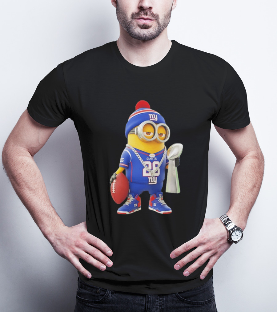 Minion In New York Giants Jersey With Football Trophy And Beanie T-Shirt
