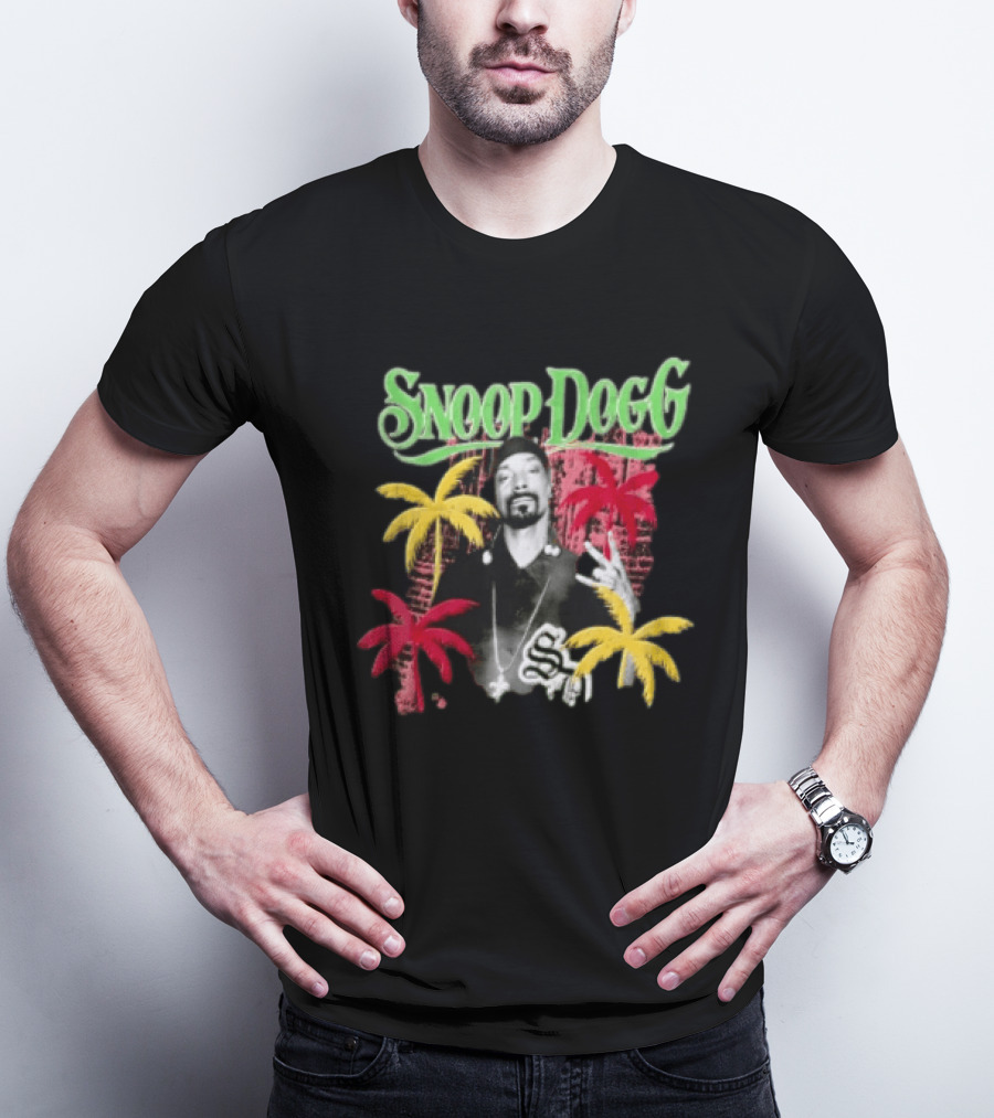 Snoop Dogg Palm Trees Gesture Black And White Portrait With Red And Yellow Palm Trees T-Shirt