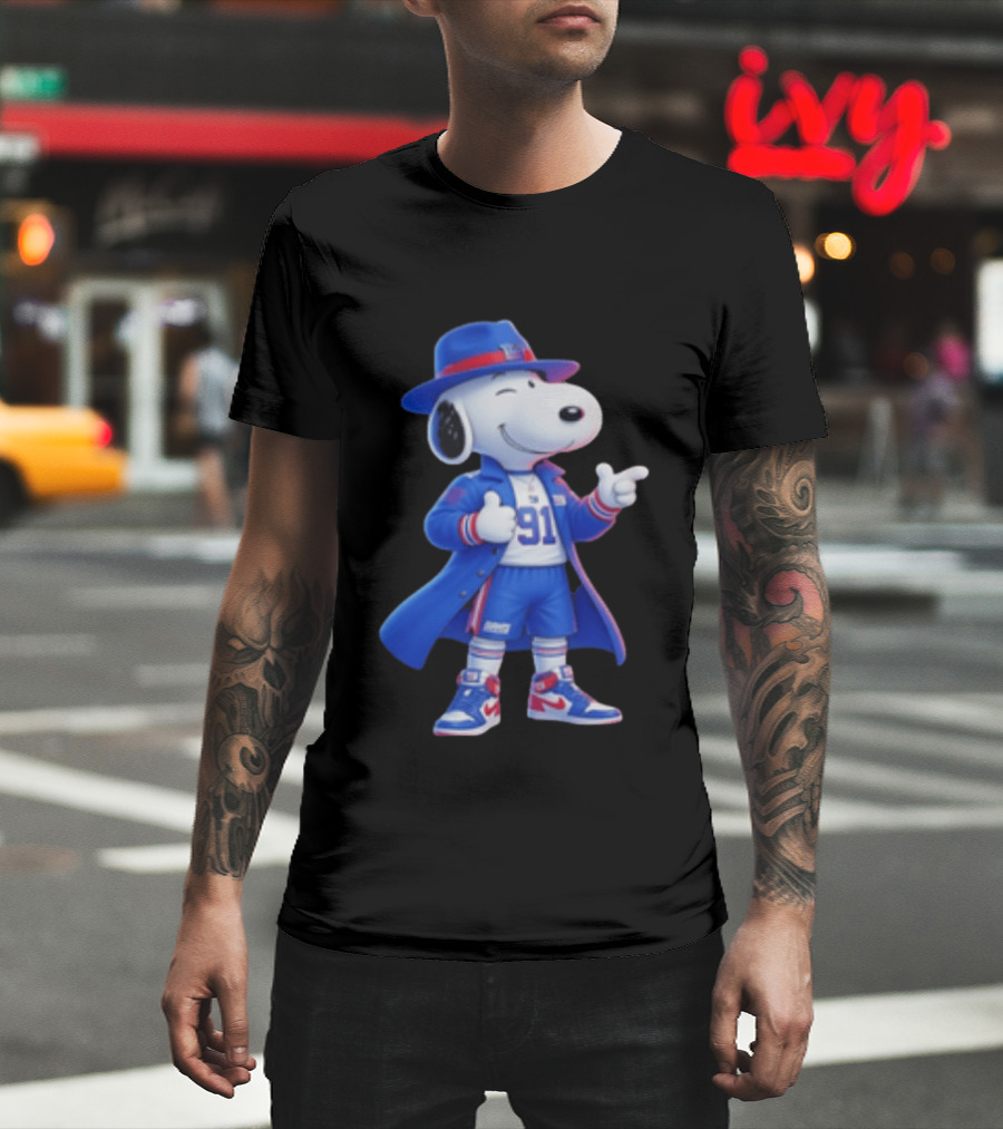 Snoopy New York Giants Football Player Cartoon Blue Coat And Hat T-Shirt