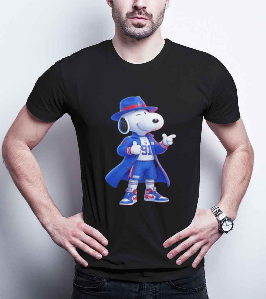 Snoopy New York Giants Football Player Cartoon Blue Coat And Hat T-Shirt