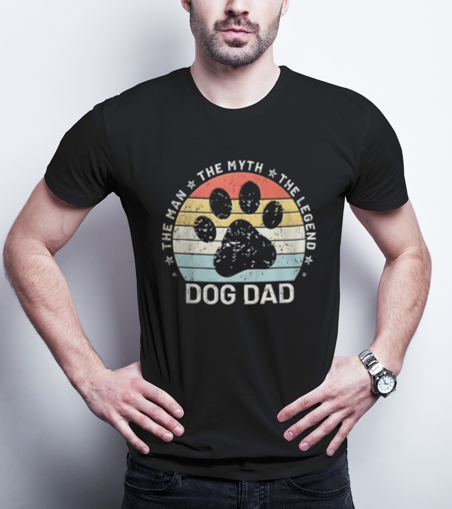 The Man The Myth The Legend Dog Dad Distressed Paw Rainbow Sunset T-Shirt