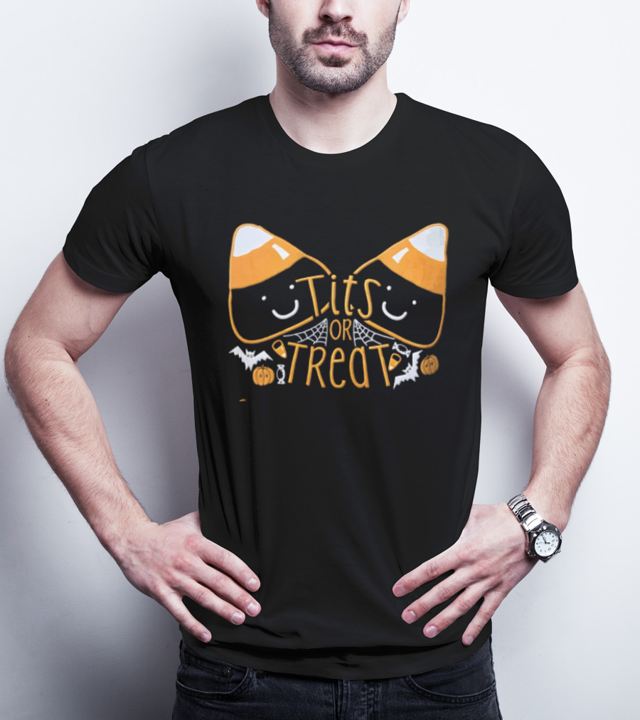 Halloween Candy Corn Faces Tits Or Treat With Spiders Webs Bats Pumpkins T-Shirt