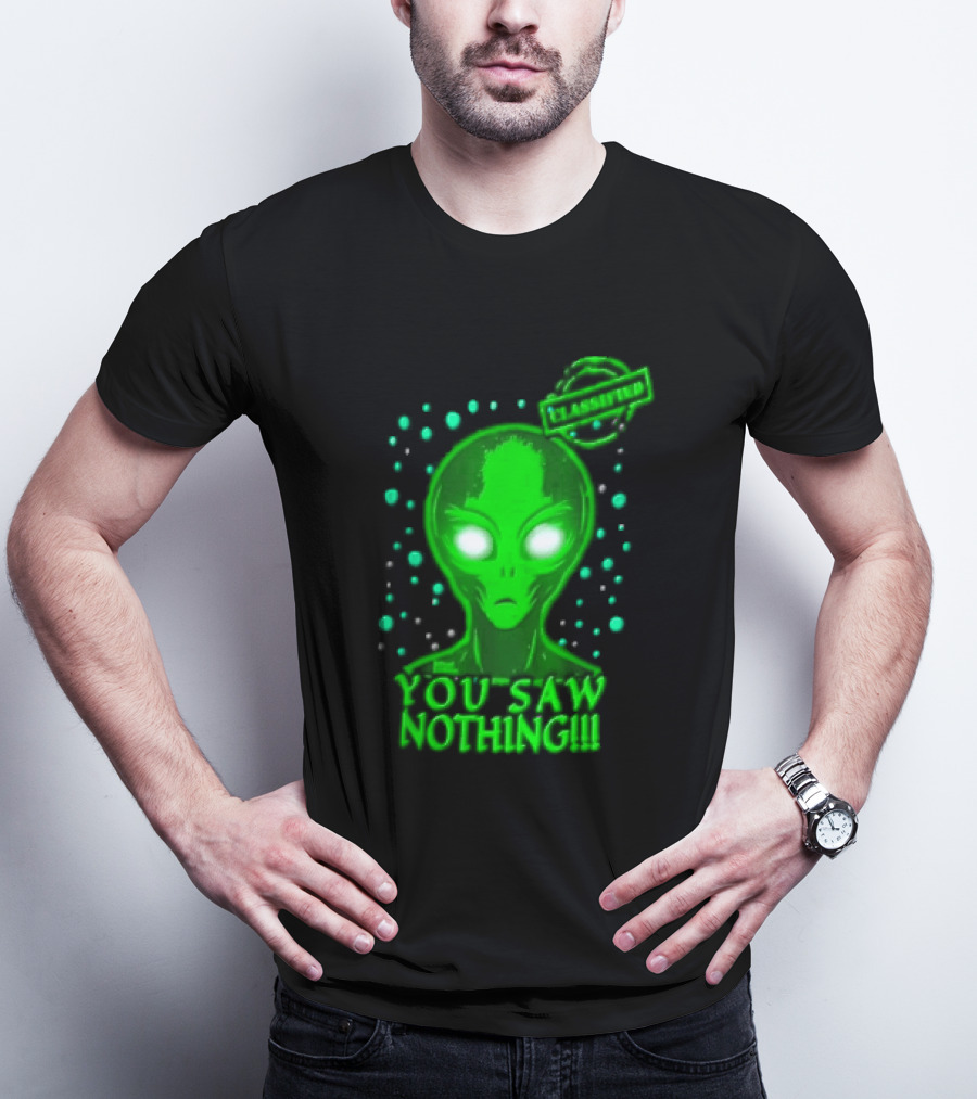Green Alien You Saw Nothing Glowing Eyes UFO Dots T-Shirt