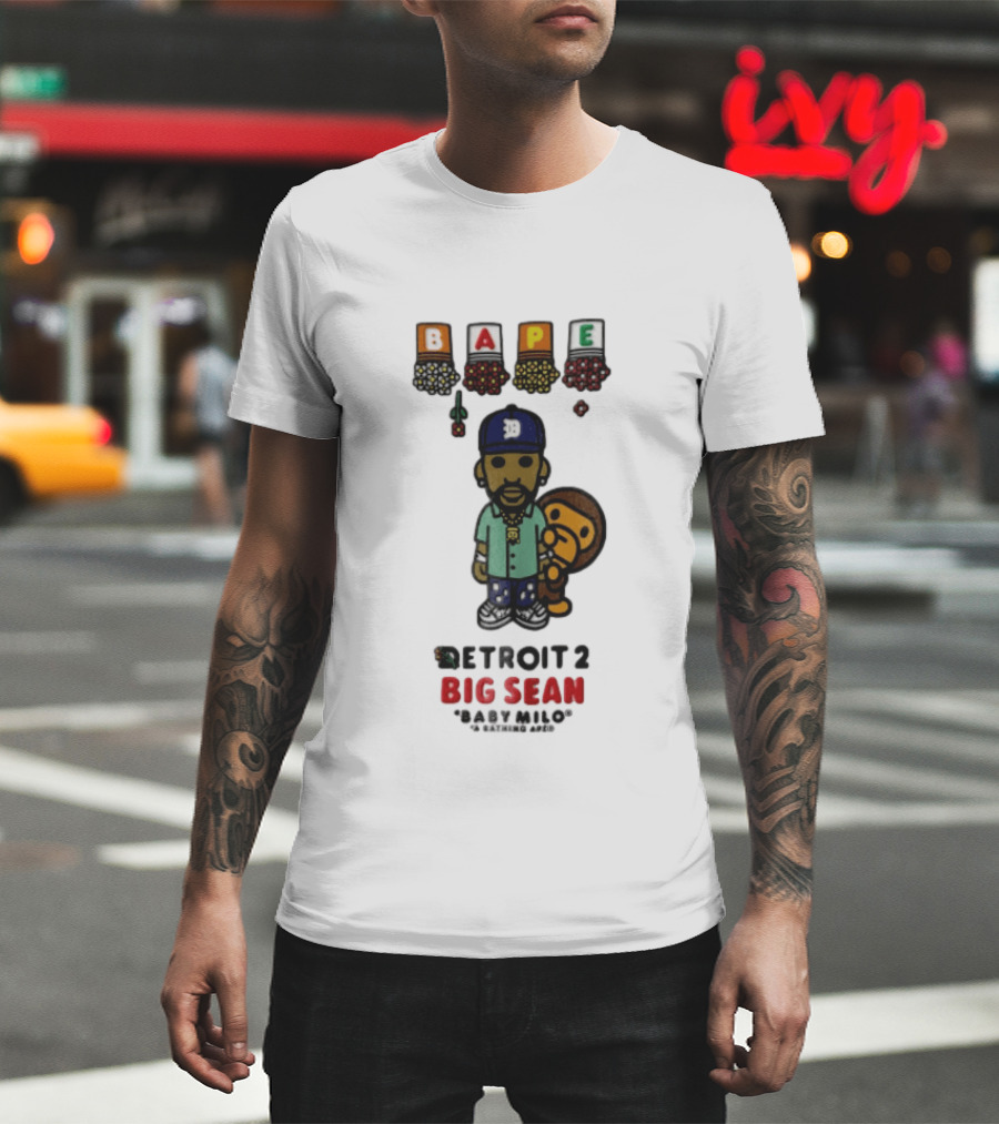 BAPE Big Sean Detroit 2 Baby Milo Cartoon Man Wearing Cap T-Shirt