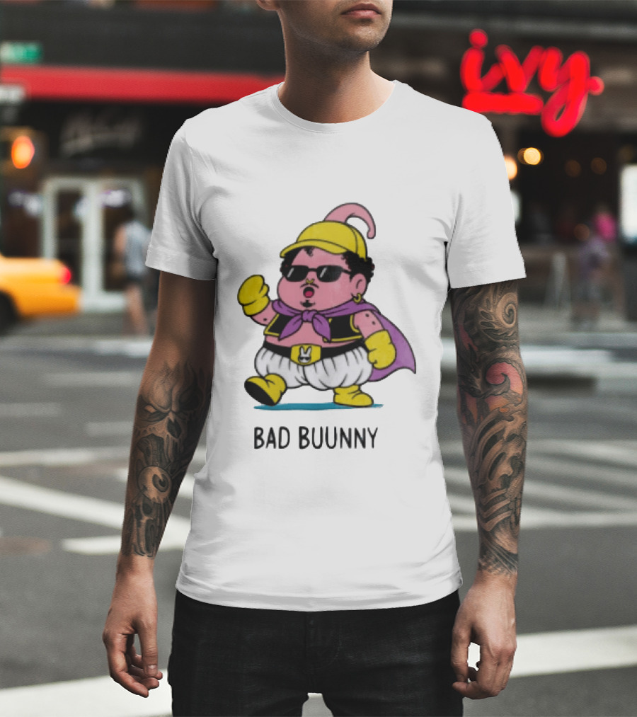 Bad Buunny Pink Majin Buu Sunglasses Yellow Hat Cape Cartoon T-Shirt