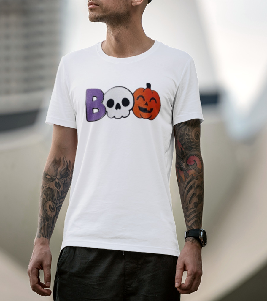 BOO Skull Pumpkin Purple Letter Halloween Fun T-Shirt