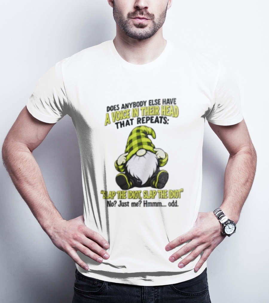 Does Anybody Else Have A Voice In Their Head That Repeats Slap The Idiot Slap No Just Me Hmmm Odd Gnome In Green Hat T-Shirt