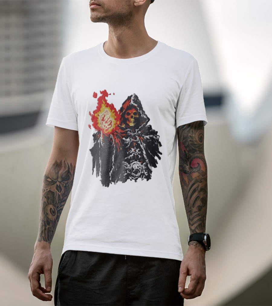Skeleton Holding Fire Skeletor Hooded Cloak And Fiery Fist T-Shirt