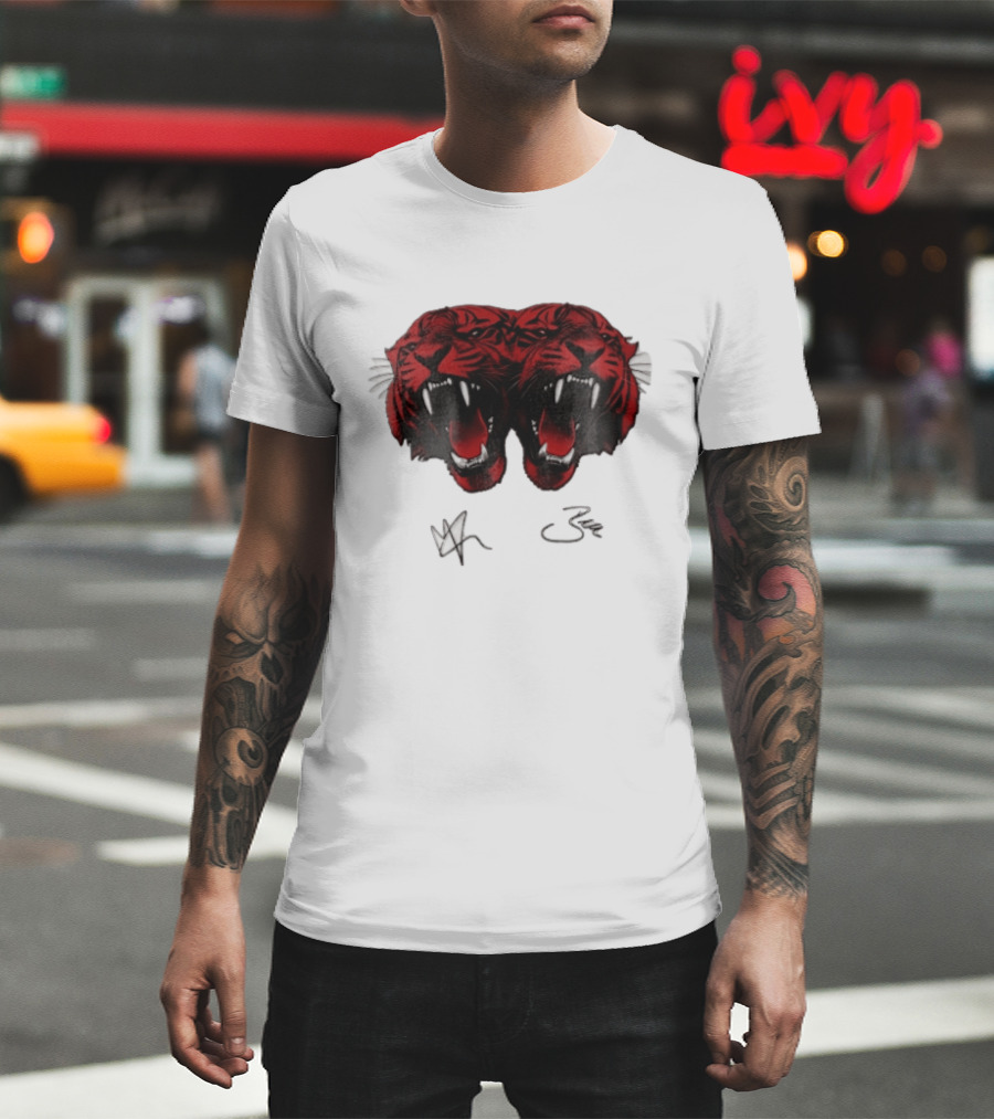 Tigers Heads Roaring Red Dual Fierce Animal T-Shirt