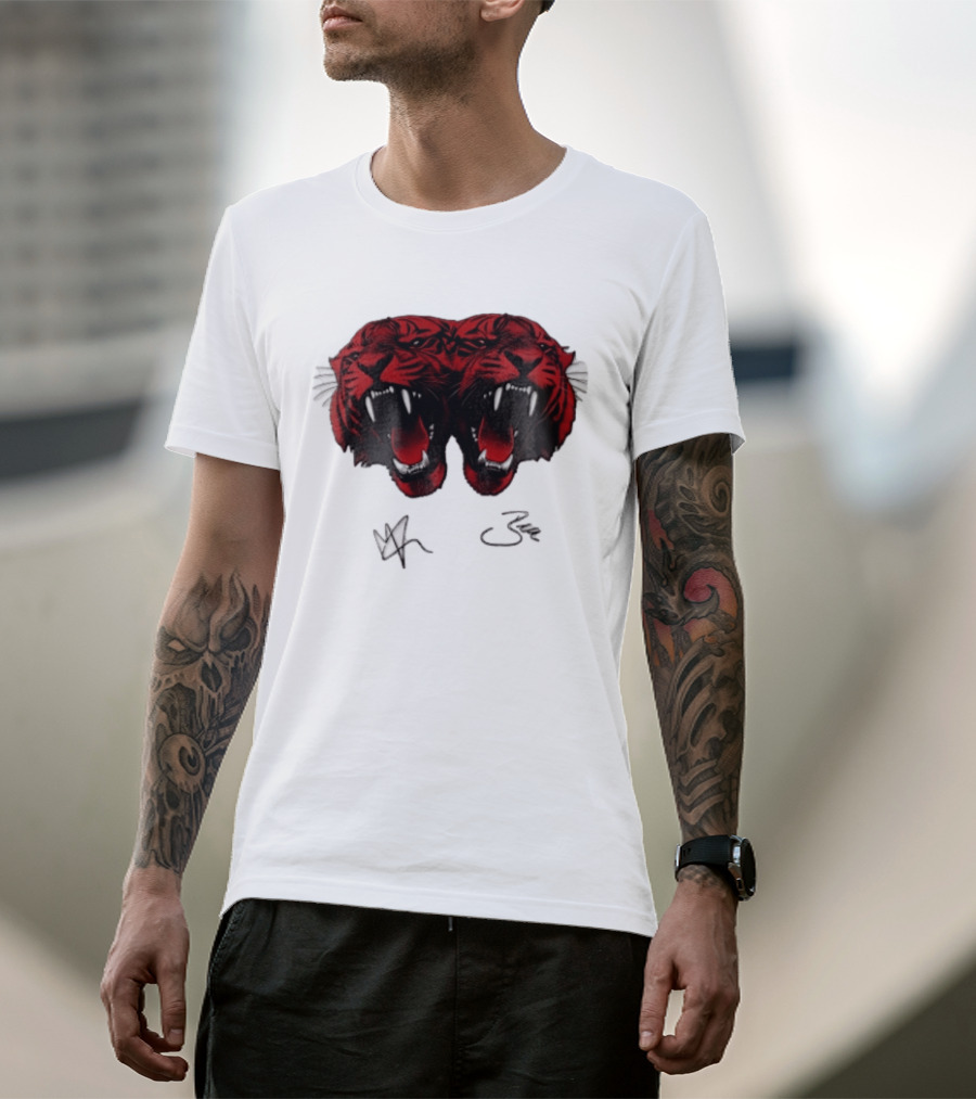 Tigers Heads Roaring Red Dual Fierce Animal T-Shirt