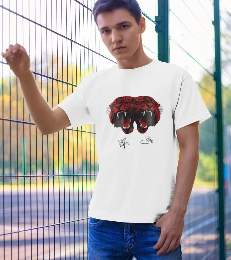 Tigers Heads Roaring Red Dual Fierce Animal T-Shirt