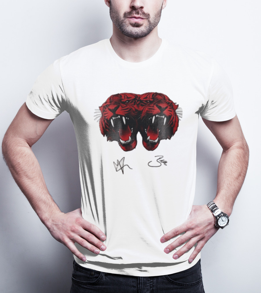Tigers Heads Roaring Red Dual Fierce Animal T-Shirt