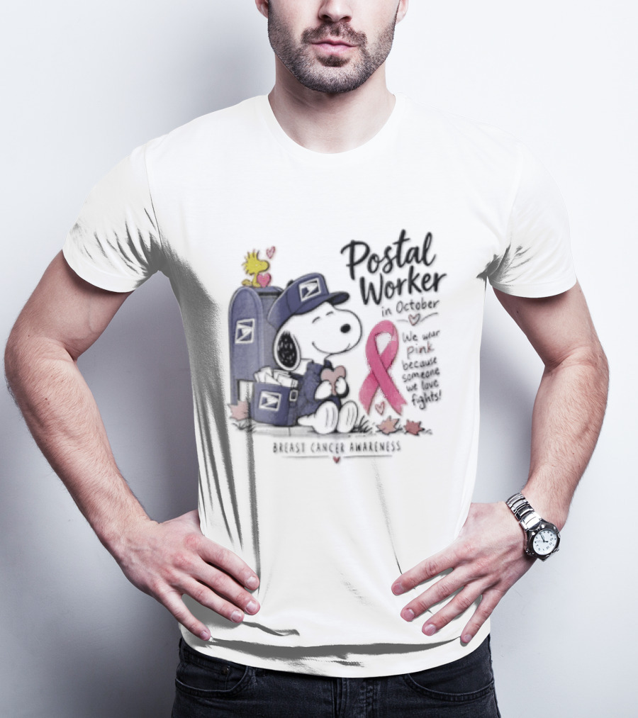 Postal Worker Snoopy And Woodstock With Pink Ribbon Supporting Fighters T-Shirt