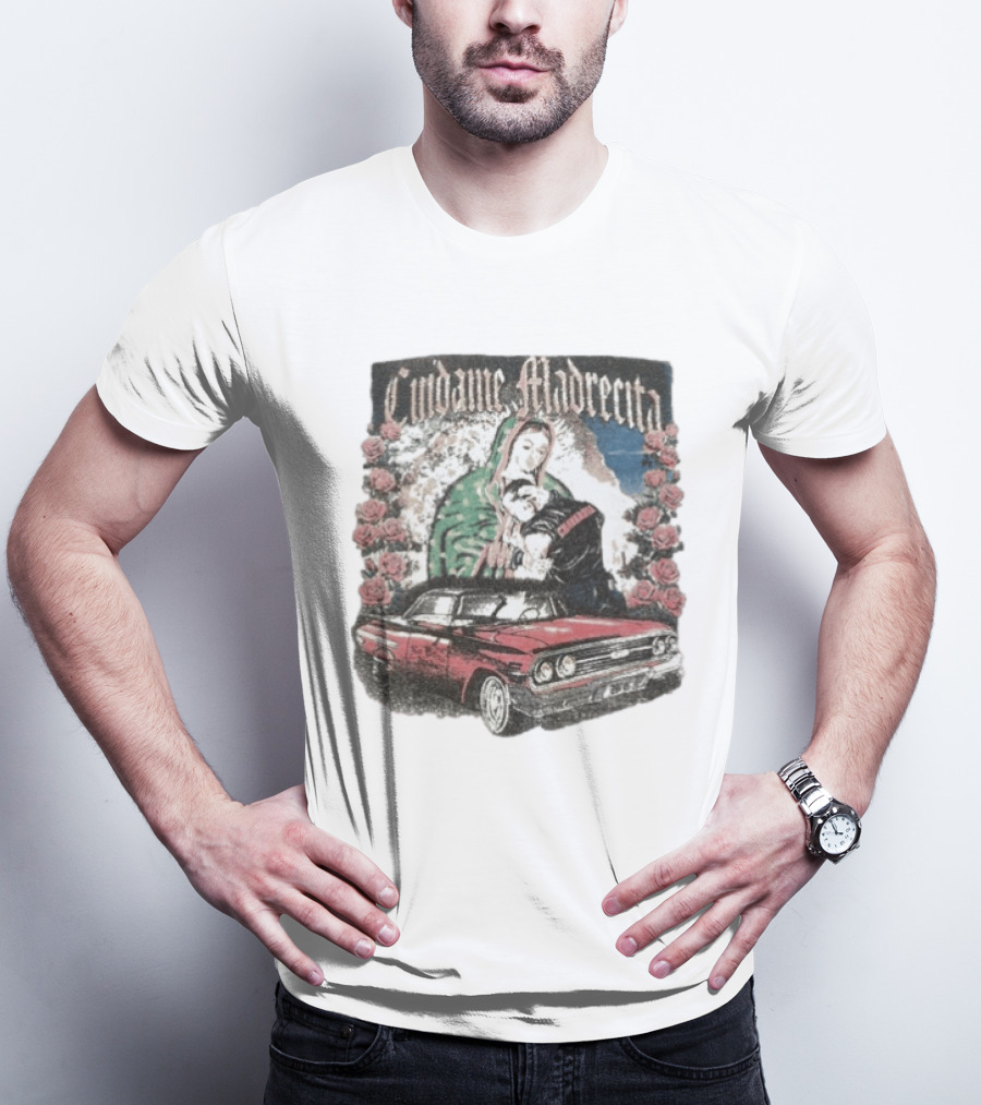 Cuidame Madrecita Red Classic Car With Roses And Religious T-Shirt