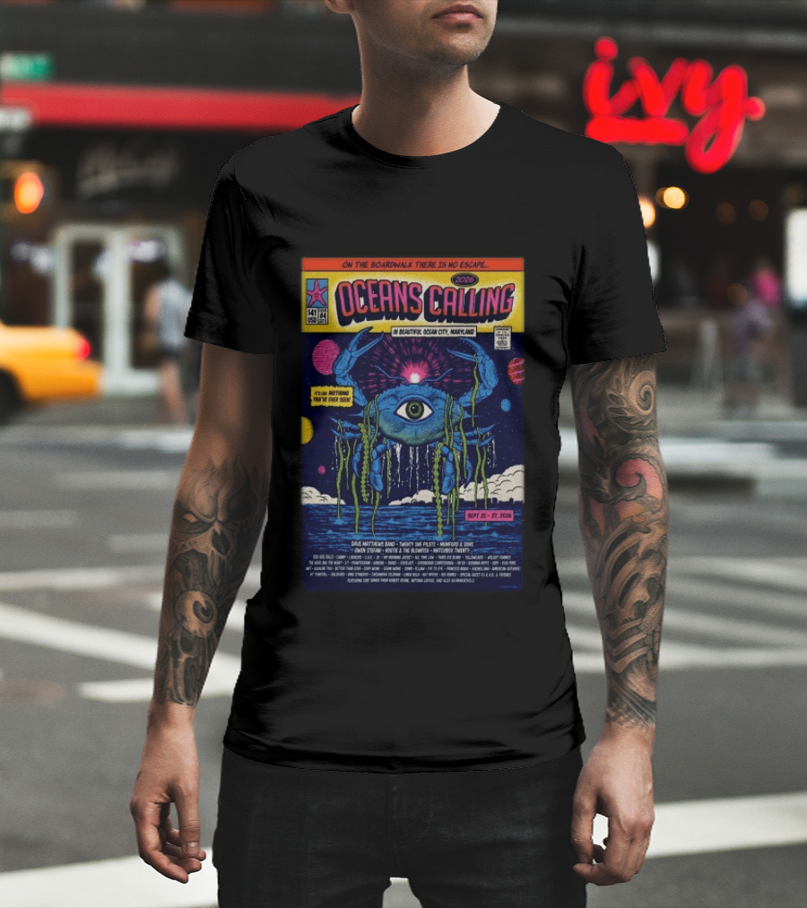 Oceans Calling Festival 2026 Ocean City Maryland Lineup Dave Matthews Band The Lumineers Alanis Morissette 9 25 27 Crab Eye Comic T-Shirt