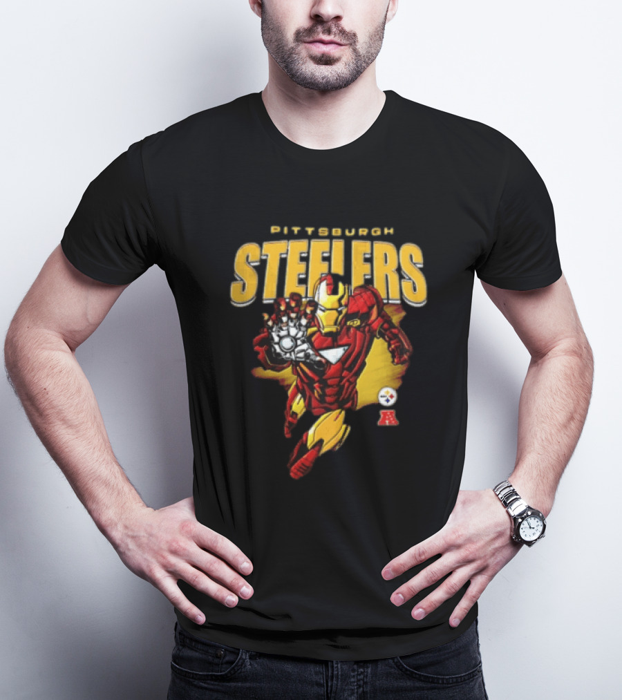 Pittsburgh Steelers Iron Man Flying Forward Graphic Suit Officially Licensed NFL Marvel Collaboration T-Shirt