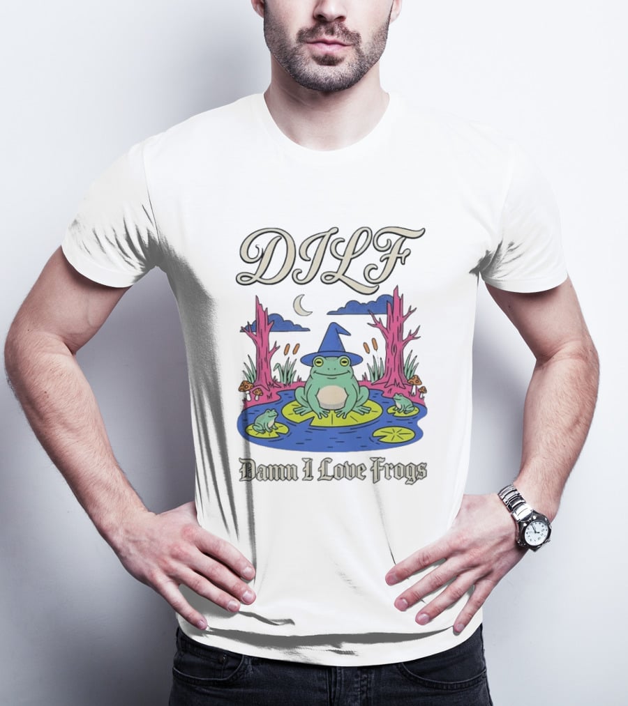 DILF Damn I Love Frogs Cartoon Frog In Pond With Wizard Hat T-Shirt