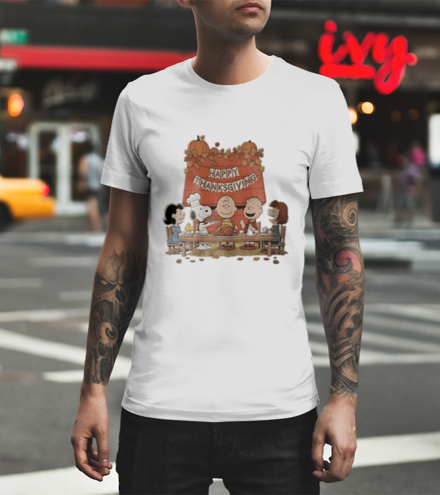 Peanuts Charlie Brown Snoopy Woodstock Lucy Linus Happy Thanksgiving Holiday Celebration T-Shirt