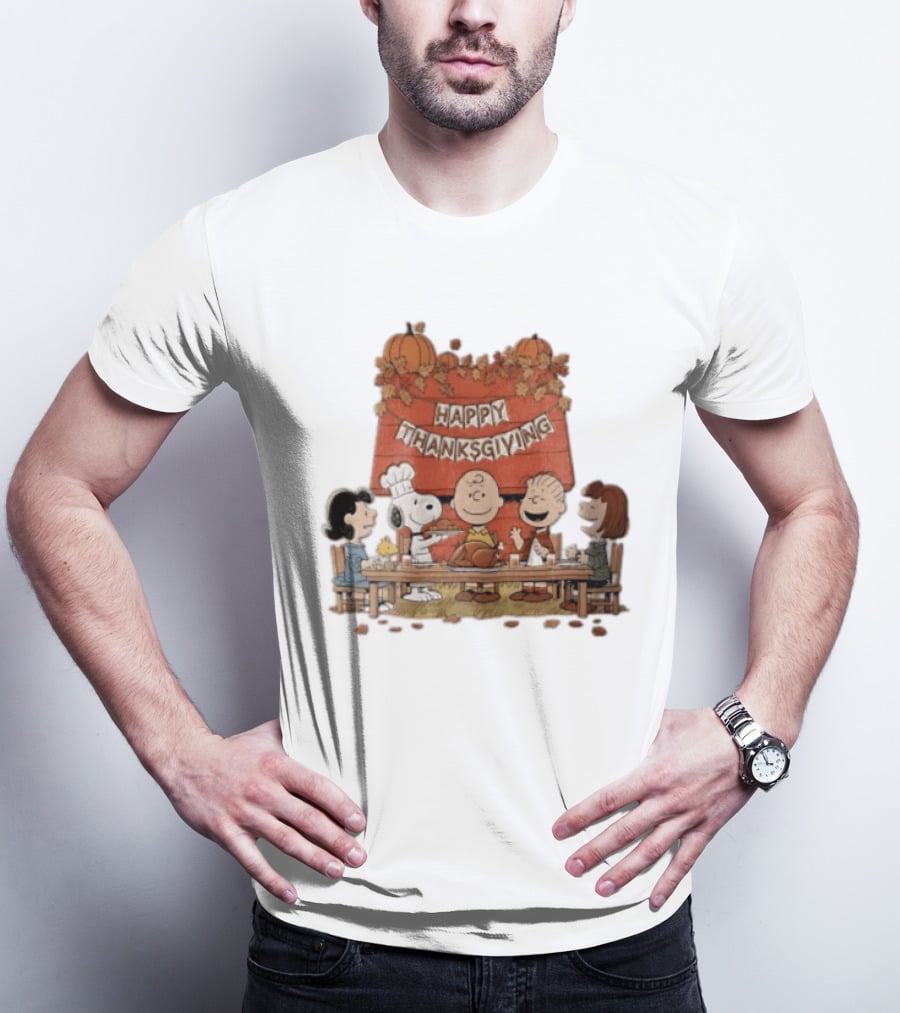 Peanuts Charlie Brown Snoopy Woodstock Lucy Linus Happy Thanksgiving Holiday Celebration T-Shirt