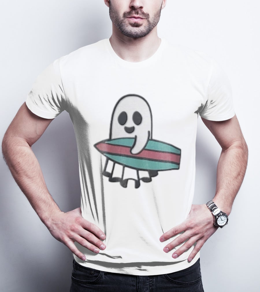 Ghost Holding Surfboard Cartoon Fun Cute Spooky Beach Vibes T-Shirt