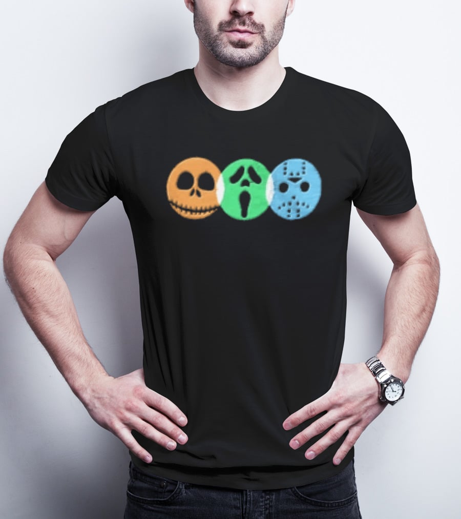 Halloween Horror Characters Colorful Circles Skulls And Masks T-Shirt