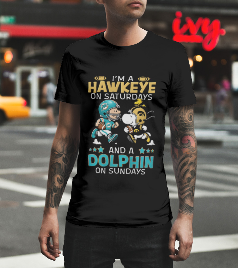 Hawkeye On Saturdays Dolphin On Sundays Charlie Brown Snoopy Woodstock Football T-Shirt