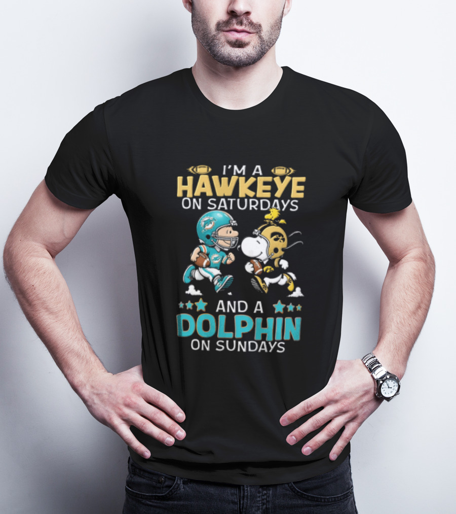 Hawkeye On Saturdays Dolphin On Sundays Charlie Brown Snoopy Woodstock Football T-Shirt