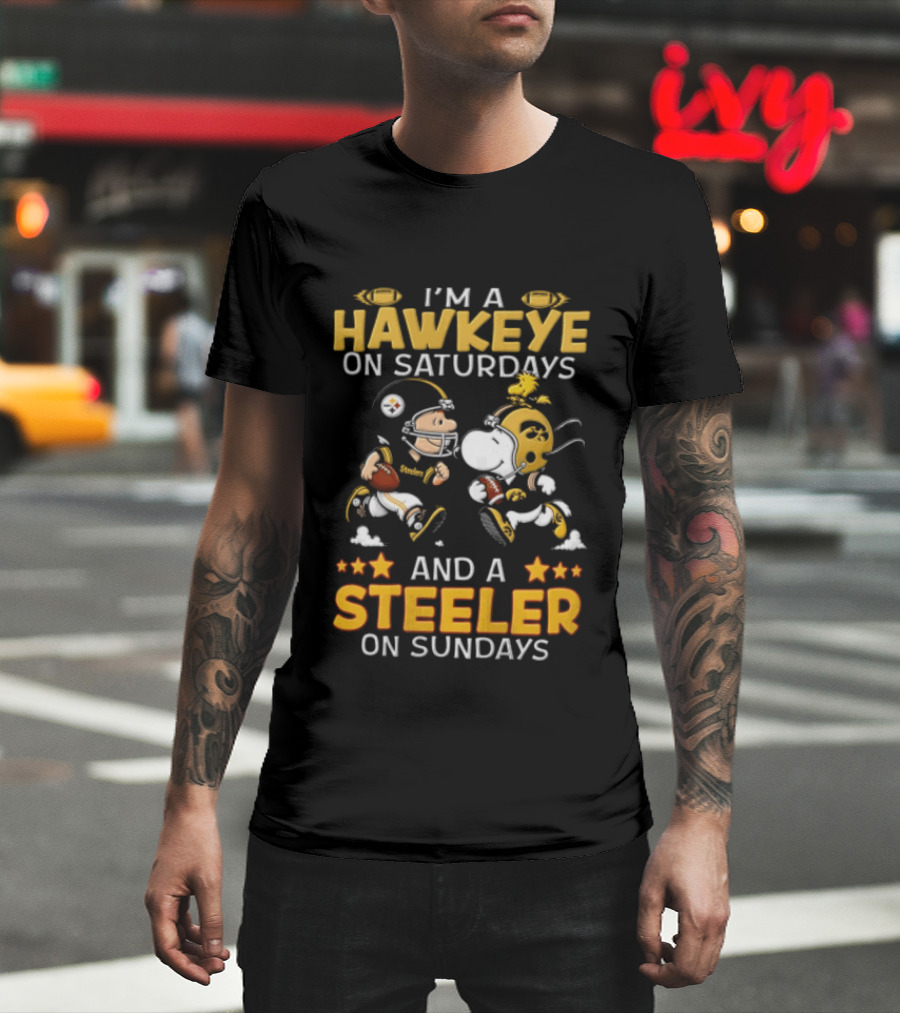 I'm A Hawkeye On Saturdays And A Steeler On Sundays Charlie Brown Snoopy Woodstock Football T-Shirt