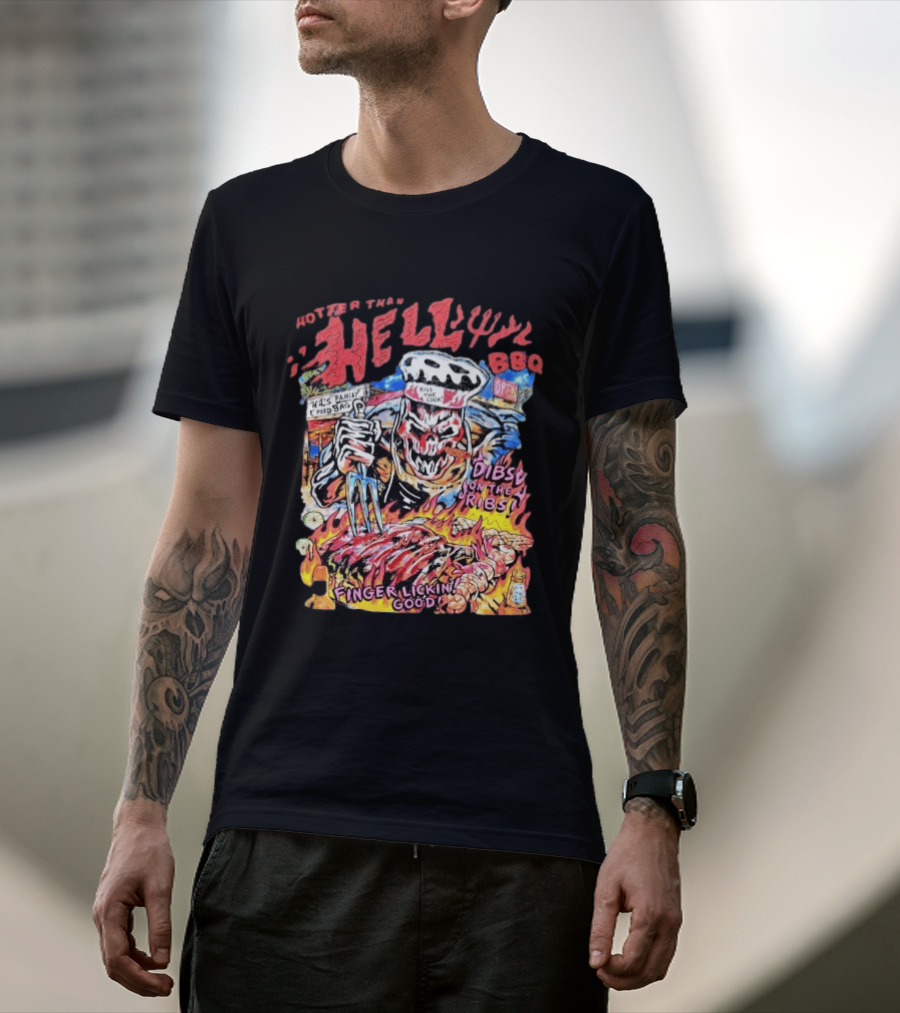 Hotter Than Hell BBQ Kiss The Cook Dibs On The Ribs Finger Lickin Good T-Shirt