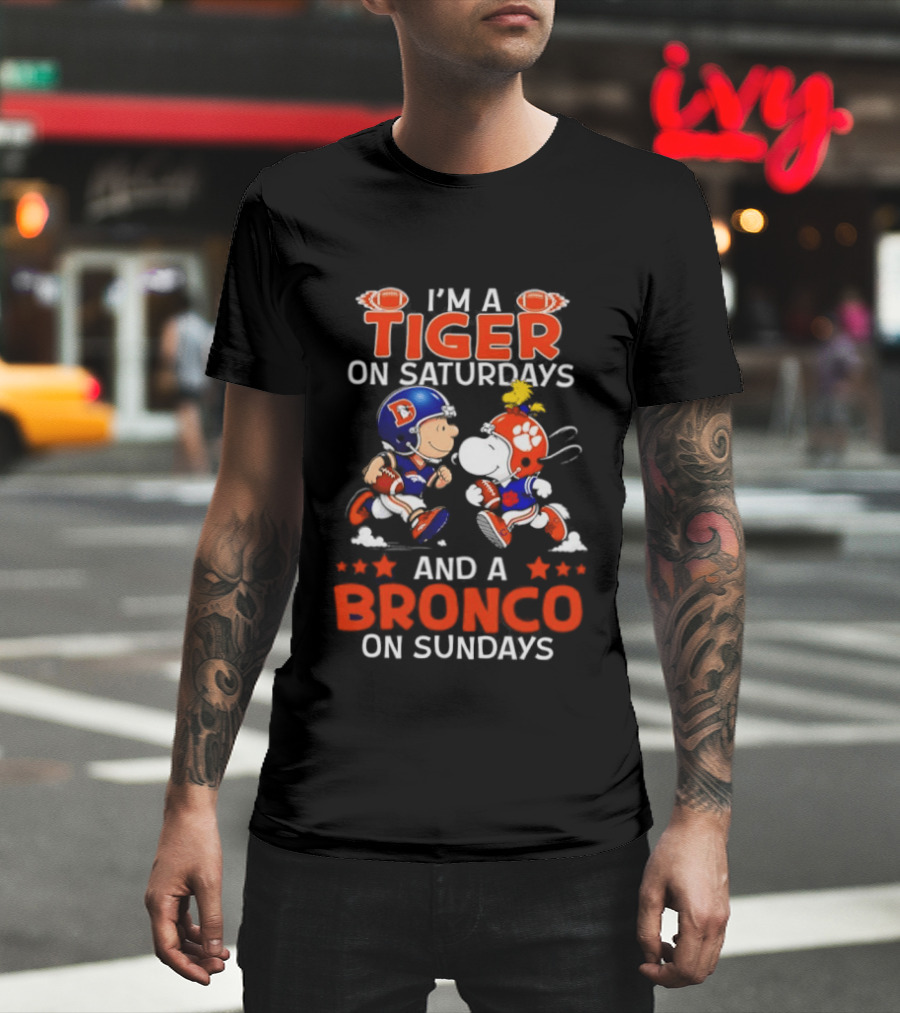 Snoopy And Charlie Brown I'm A Tiger On Saturdays And A Bronco On Sundays Football Fun T-Shirt