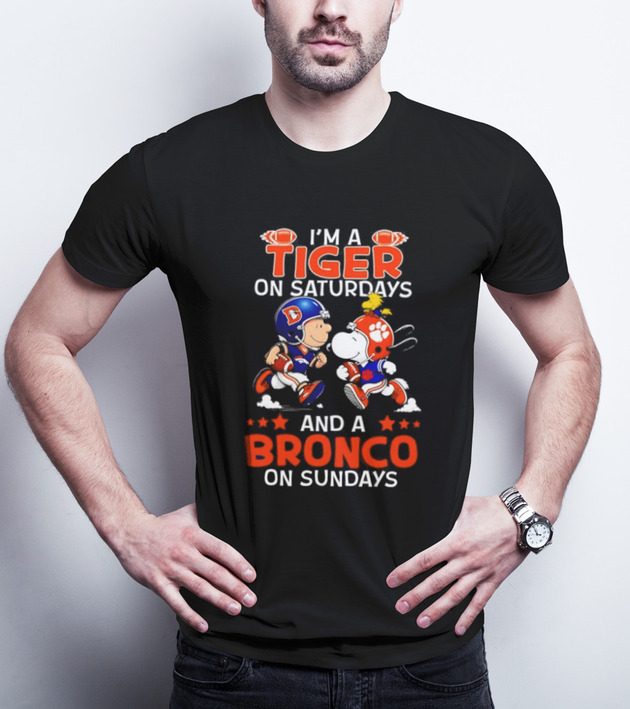 Snoopy And Charlie Brown I'm A Tiger On Saturdays And A Bronco On Sundays Football Fun T-Shirt