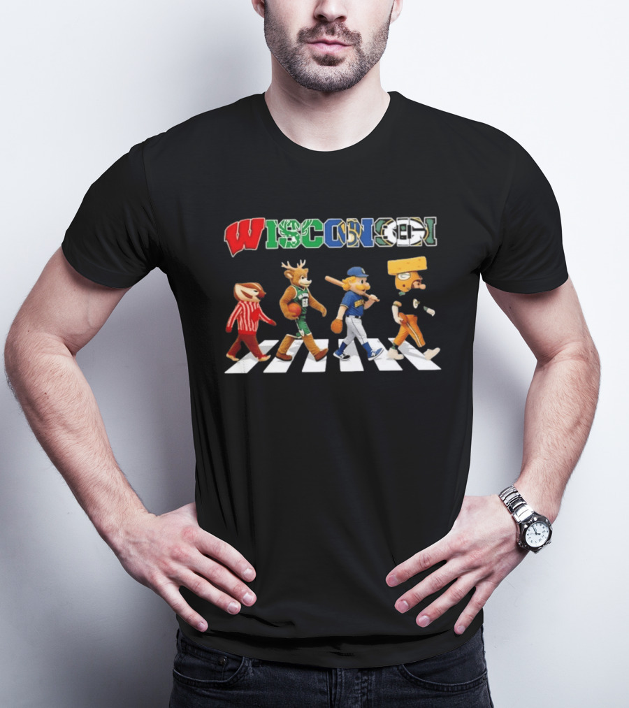 Wisconsin Sports Team Mascots Crossing Abbey Road Collage T-Shirt