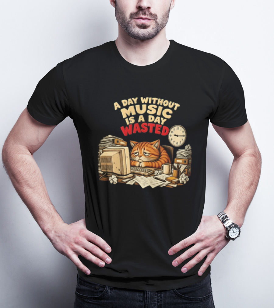 A Day Without Music Is A Day Wasted Sad Orange Cat Office Desk Motivation T-Shirt