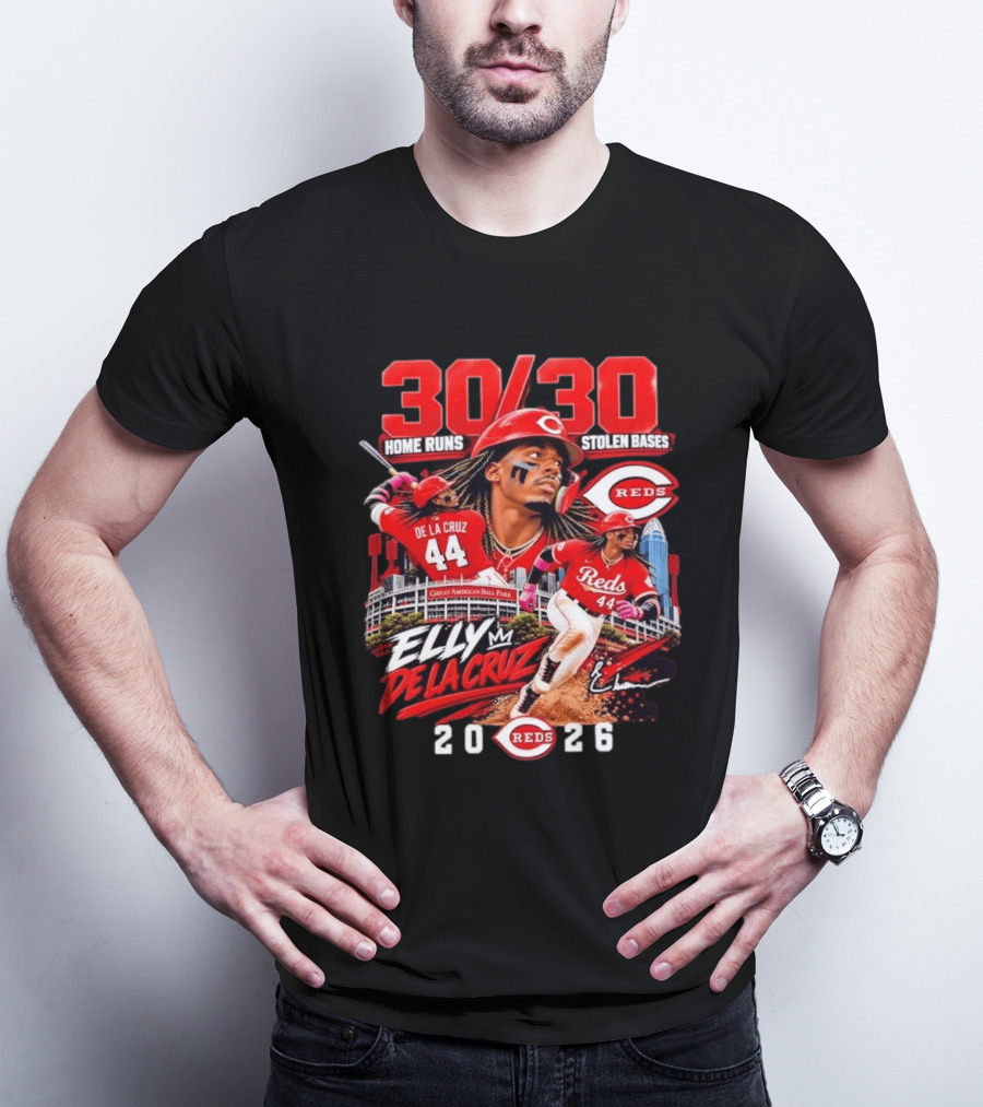 30 30 Home Runs Stolen Bases Elly De La Cruz Cincinnati Reds 44 Great American Ball Park 2026 T-Shirt