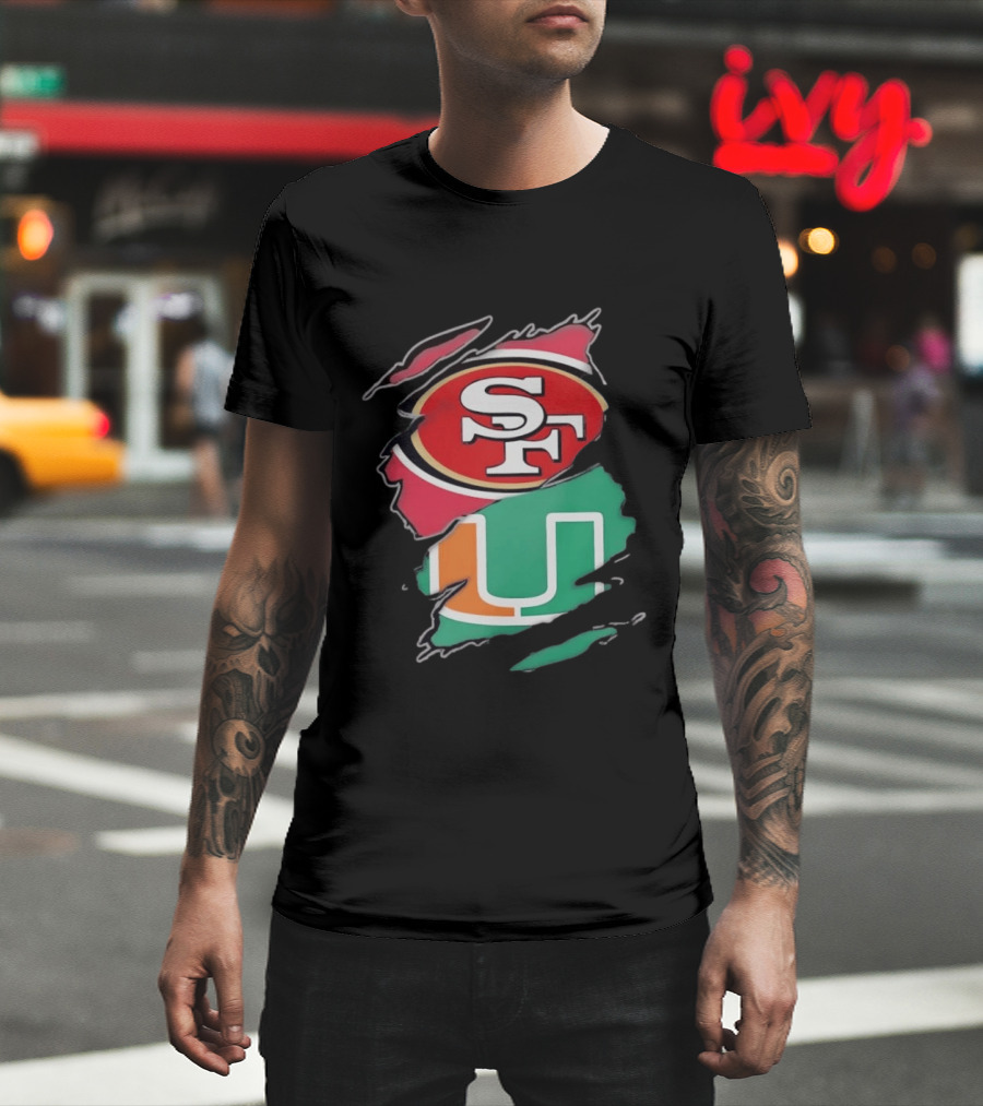 San Francisco 49ers SF And Miami Hurricanes U Distressed Logos T-Shirt